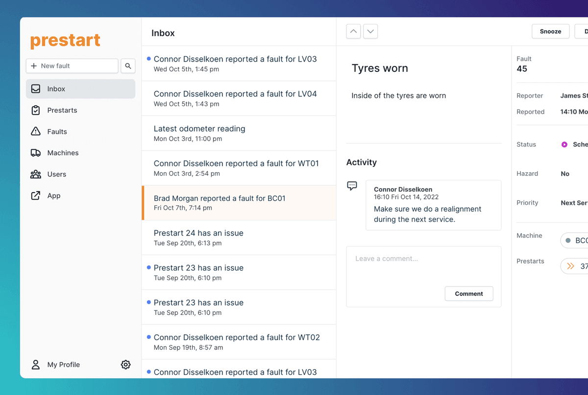Prestart App | Checklist and fault reporting