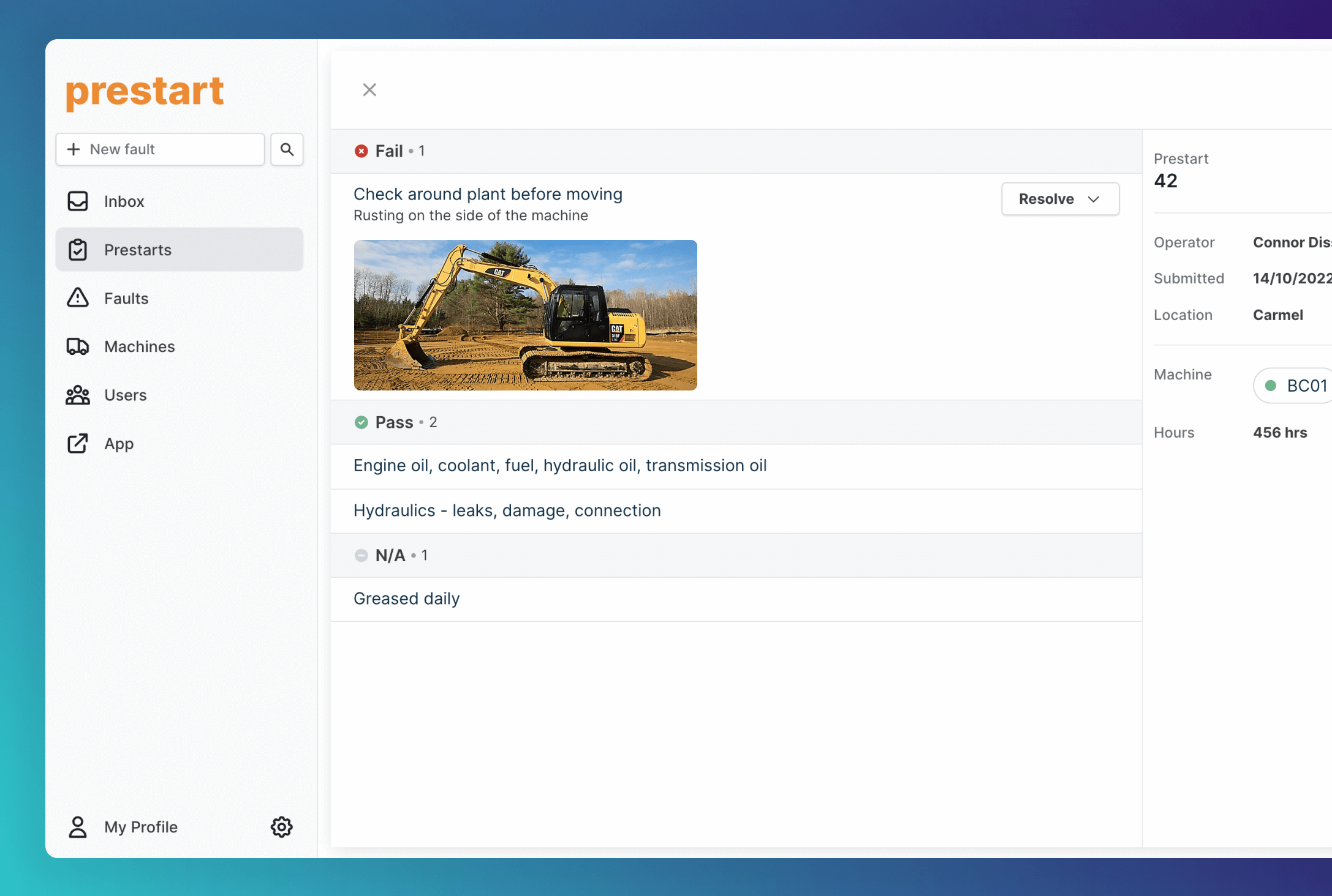 Prestart App | Checklist and fault reporting