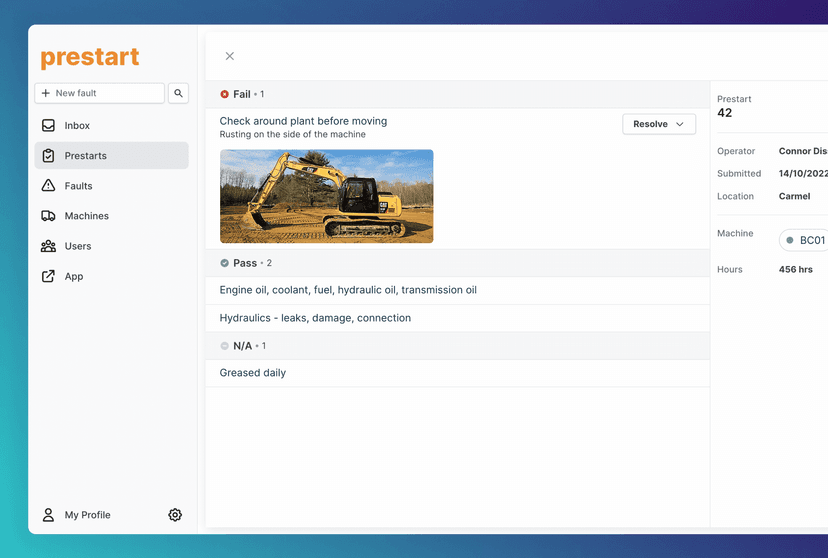 Prestart App | Checklist and fault reporting